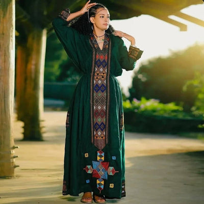 Green Raya Habsha Dress - EthiopianClothing.Net