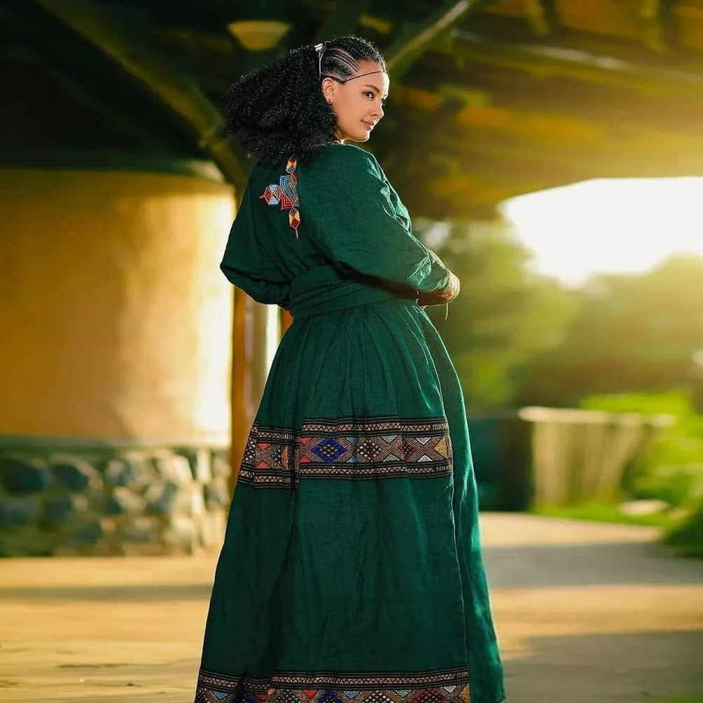 Green Raya Habsha Dress - EthiopianClothing.Net