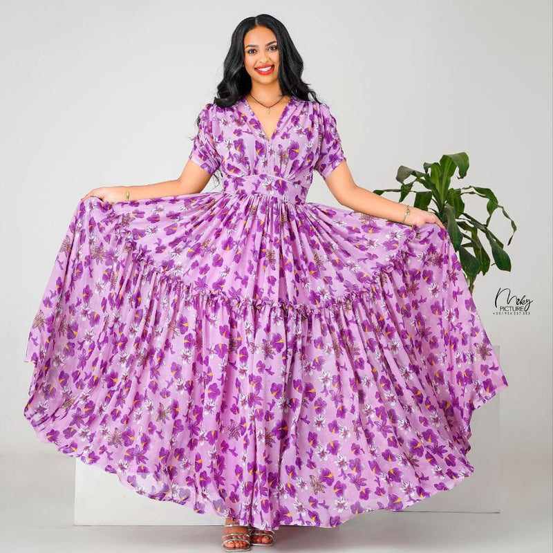 Flowy Chiffon Dress with Unique Designs - EthiopianClothing.Net